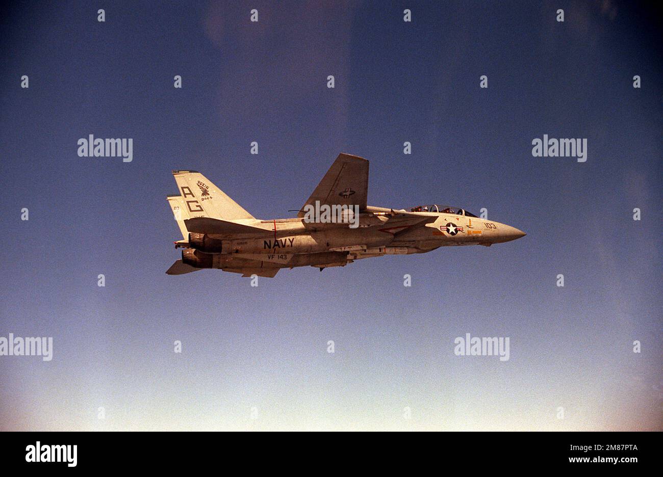 An air-to-air right side view of a Fighter Squadron 143 (VF-143) F-14A ...