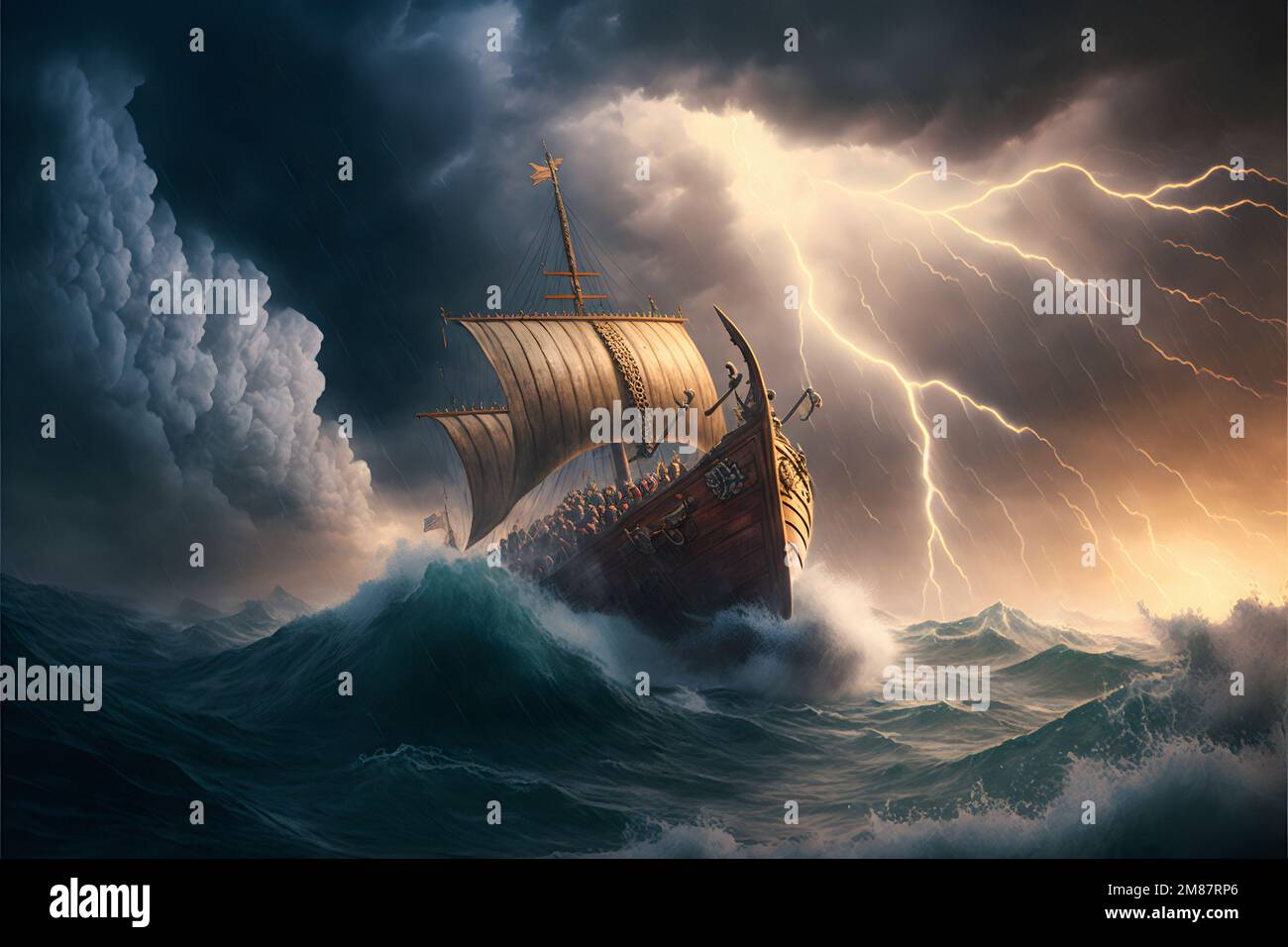 A medieval ship battles a fierce storm at sea, with waves crashing and ...