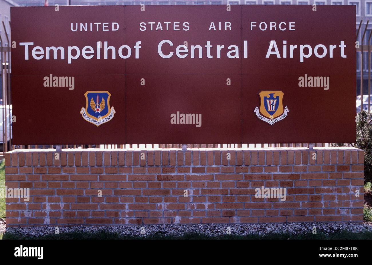 A view of the sign at an entrance to Tempelhof Central Airport. Base ...