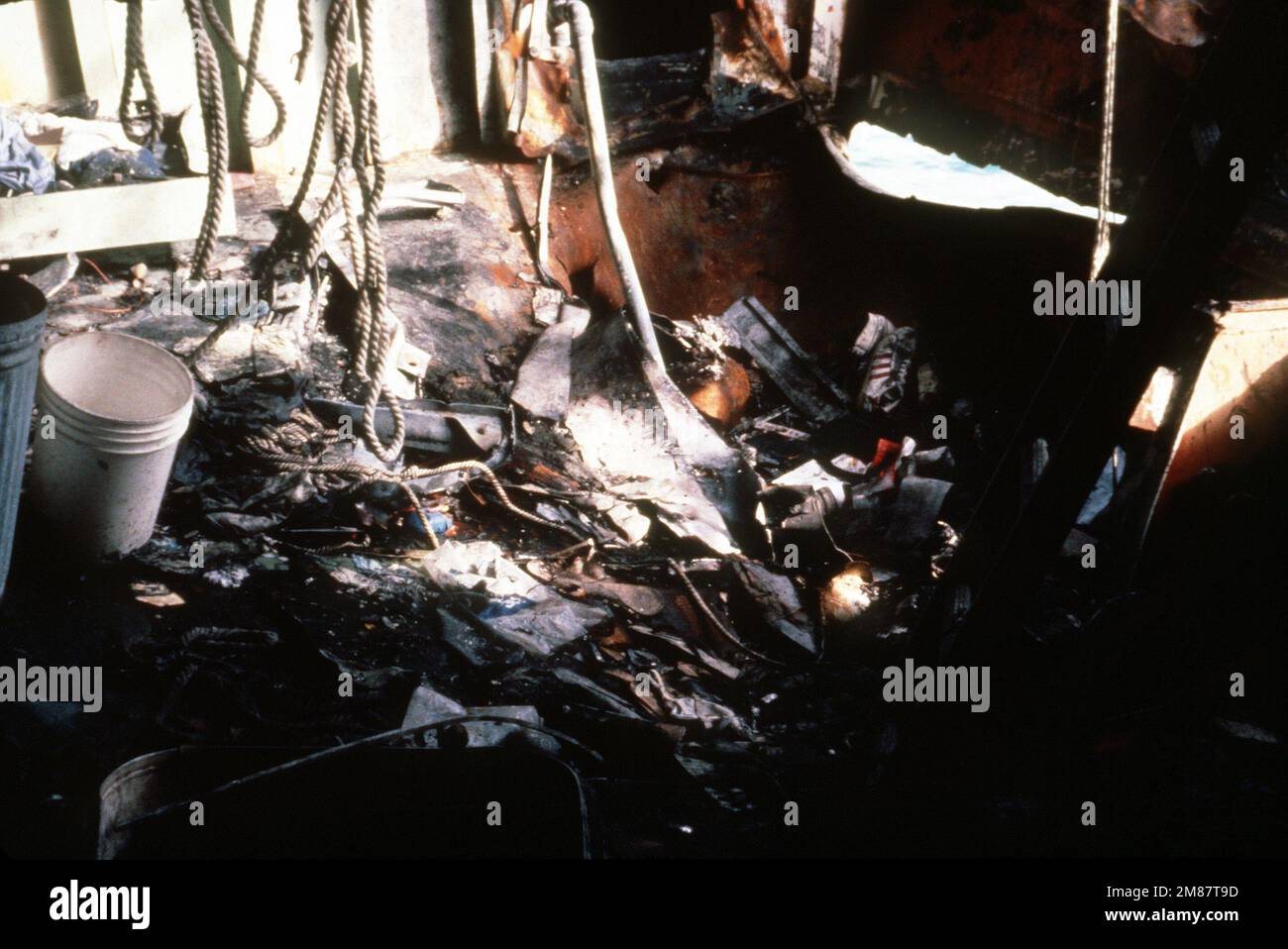 A view of damage sustained by the guided missile frigate USS STARK (FFG ...