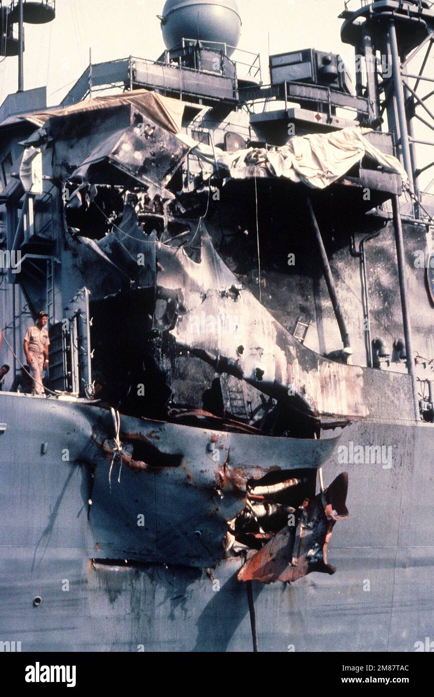 A view of damage sustained by the guided missile frigate USS STARK (FFG ...