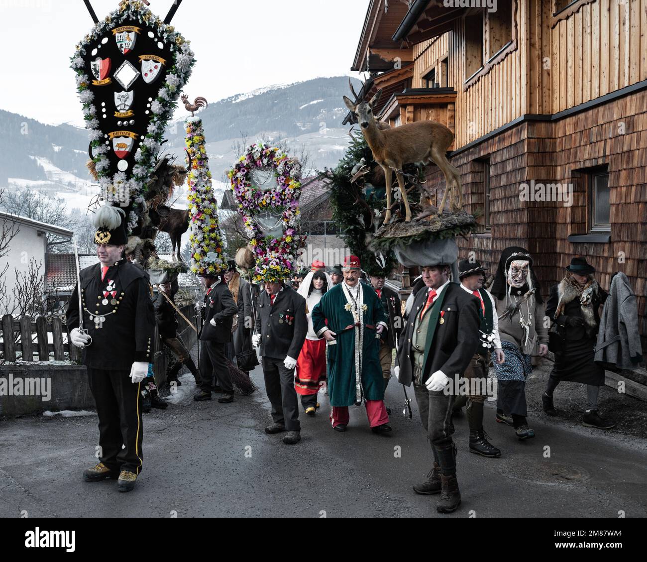 AUSTRIA, GASTEIN - January 1, 2023: Perch procession in the village of ...