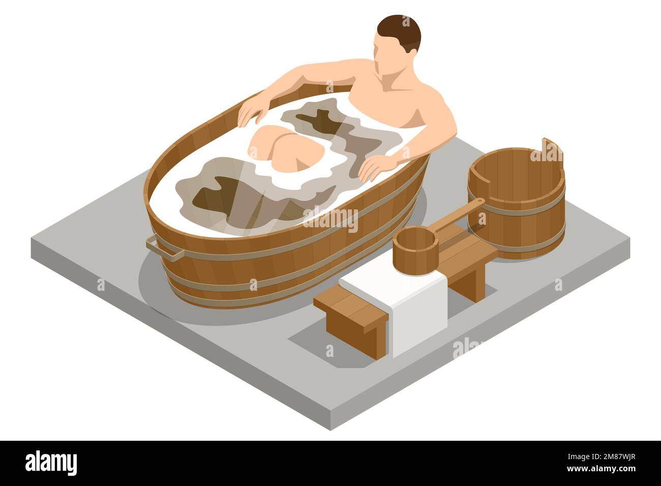 Isometric Man Taking Bath Full Of Soap Foam Body Hygiene Relaxing