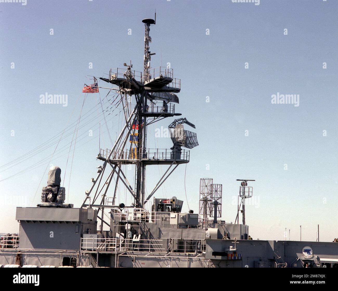 A view of the antenna rigging on the mast of the amphibious transport ...
