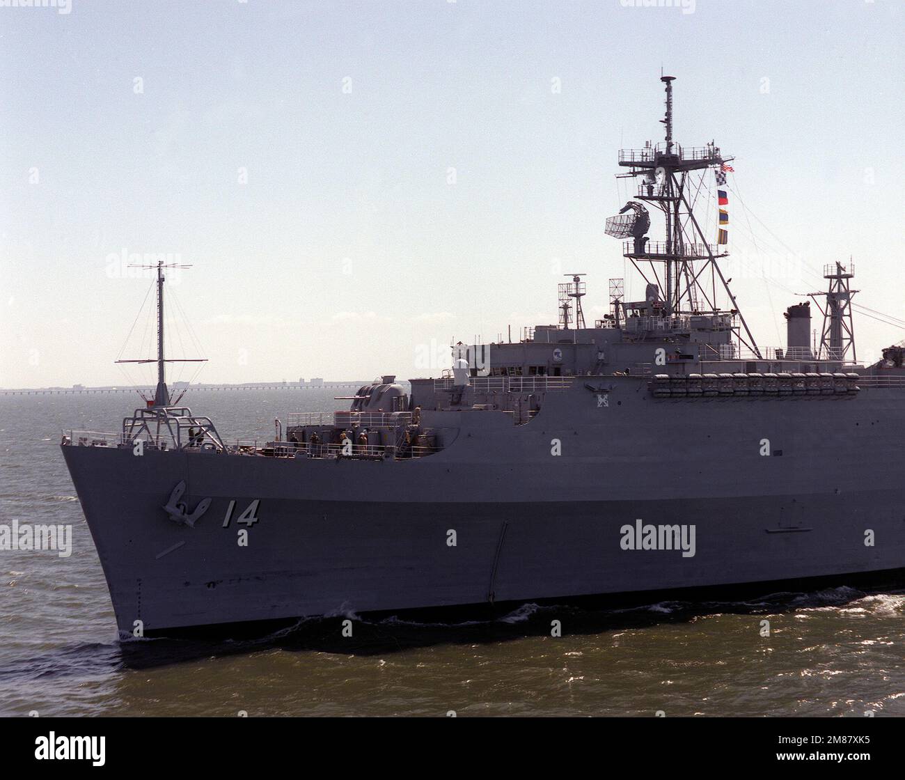 A port bow view of the forward section of the amphibious transport dock ...