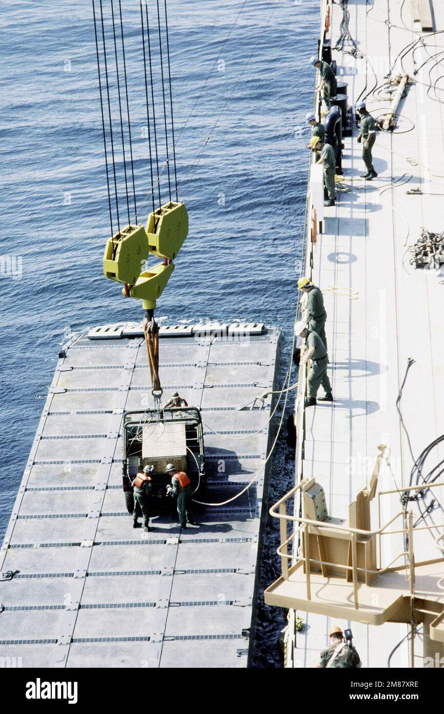 An M998 High-Mobility Multipurpose Wheeled Vehicle (HMMWV) is lowered ...