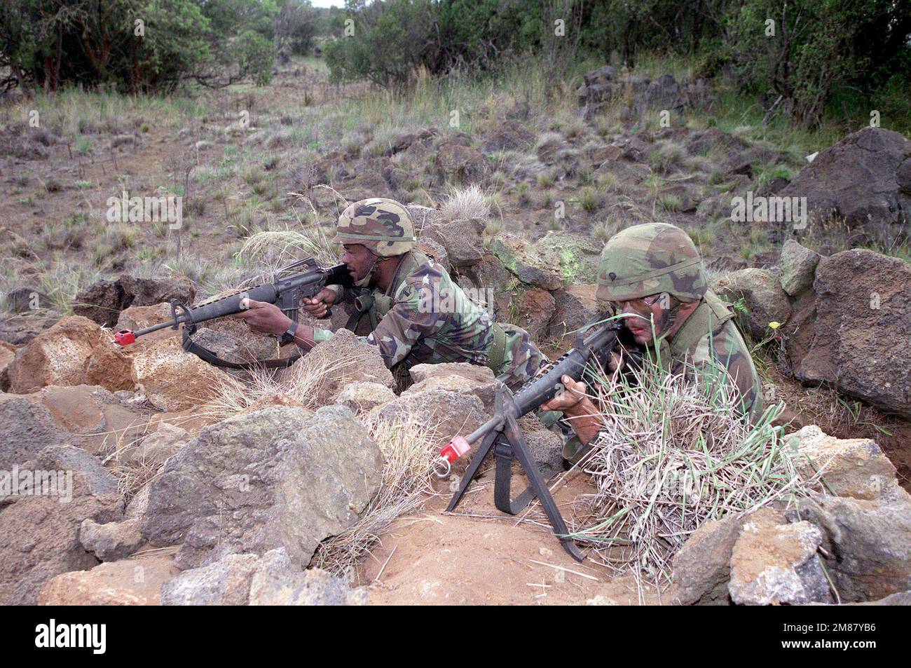 Members of the 45th Support Group fire their M-16 rifles from the prone ...