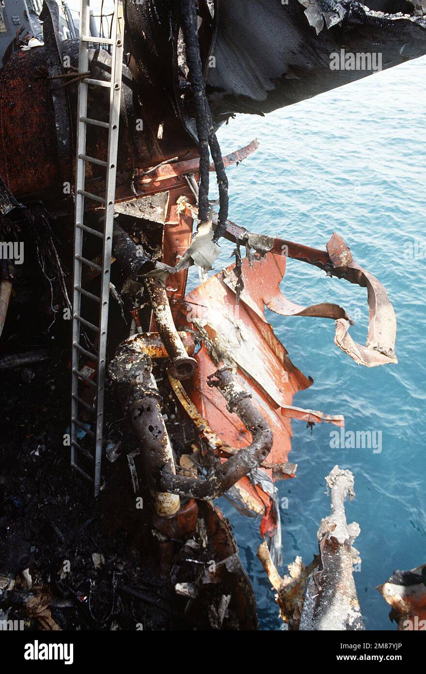 A close-up view of damage to the guided missile frigate USS STARK (FFG ...
