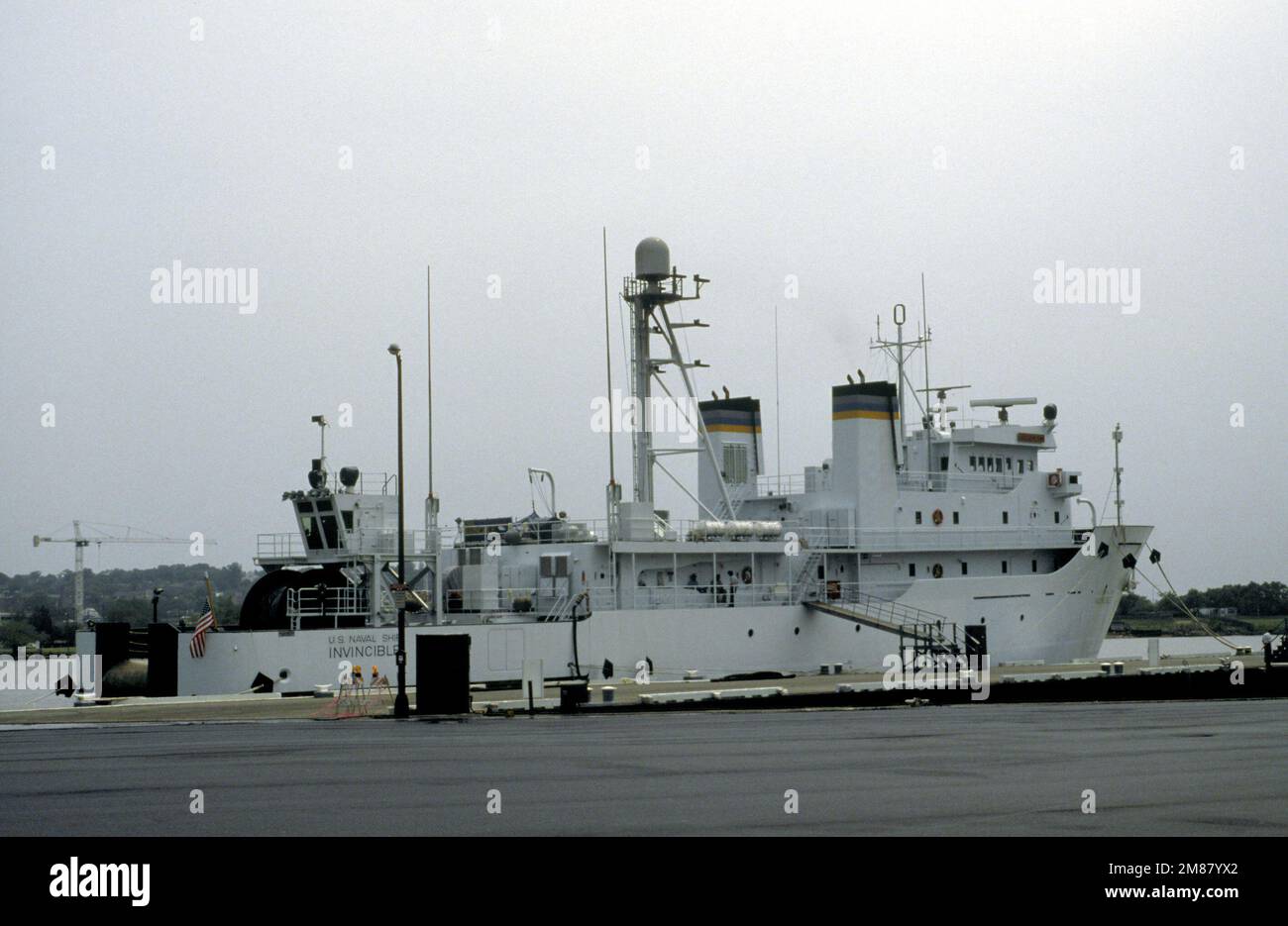 A starboard quarter view of the ocean surveillance ship USNS INVINCIBLE ...