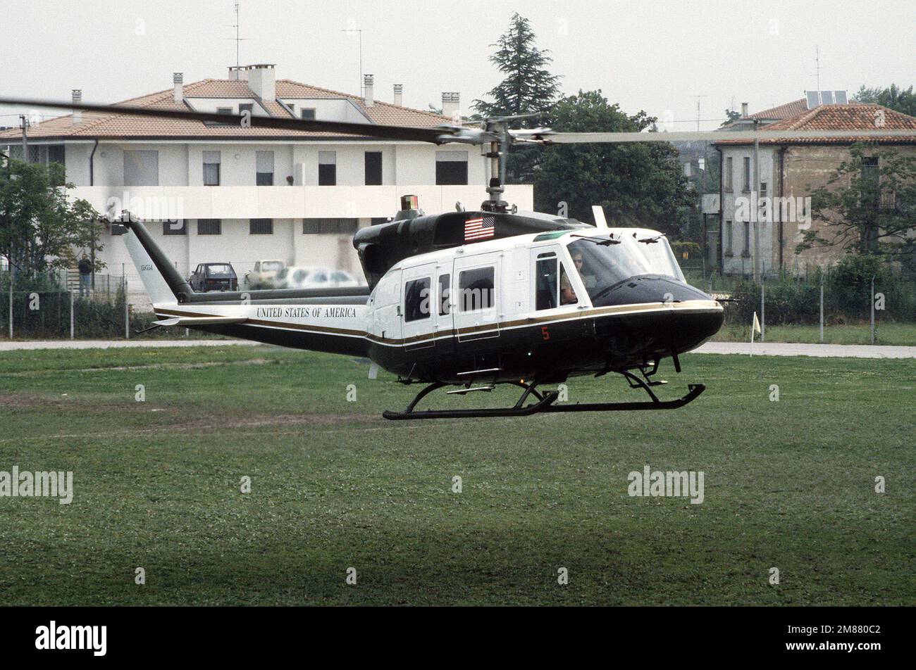 A right front view of a Marine Helicopter Squadron 1 (HMX-1) VH-1N ...