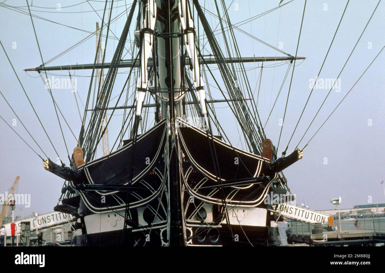 A bow view of the historic 44-gun sail frigate USS CONSTITUTION moored ...