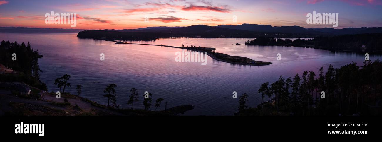 Aerial photo, peaceful ocean sunset, Whiffen Spit, Sooke, Vancouver ...
