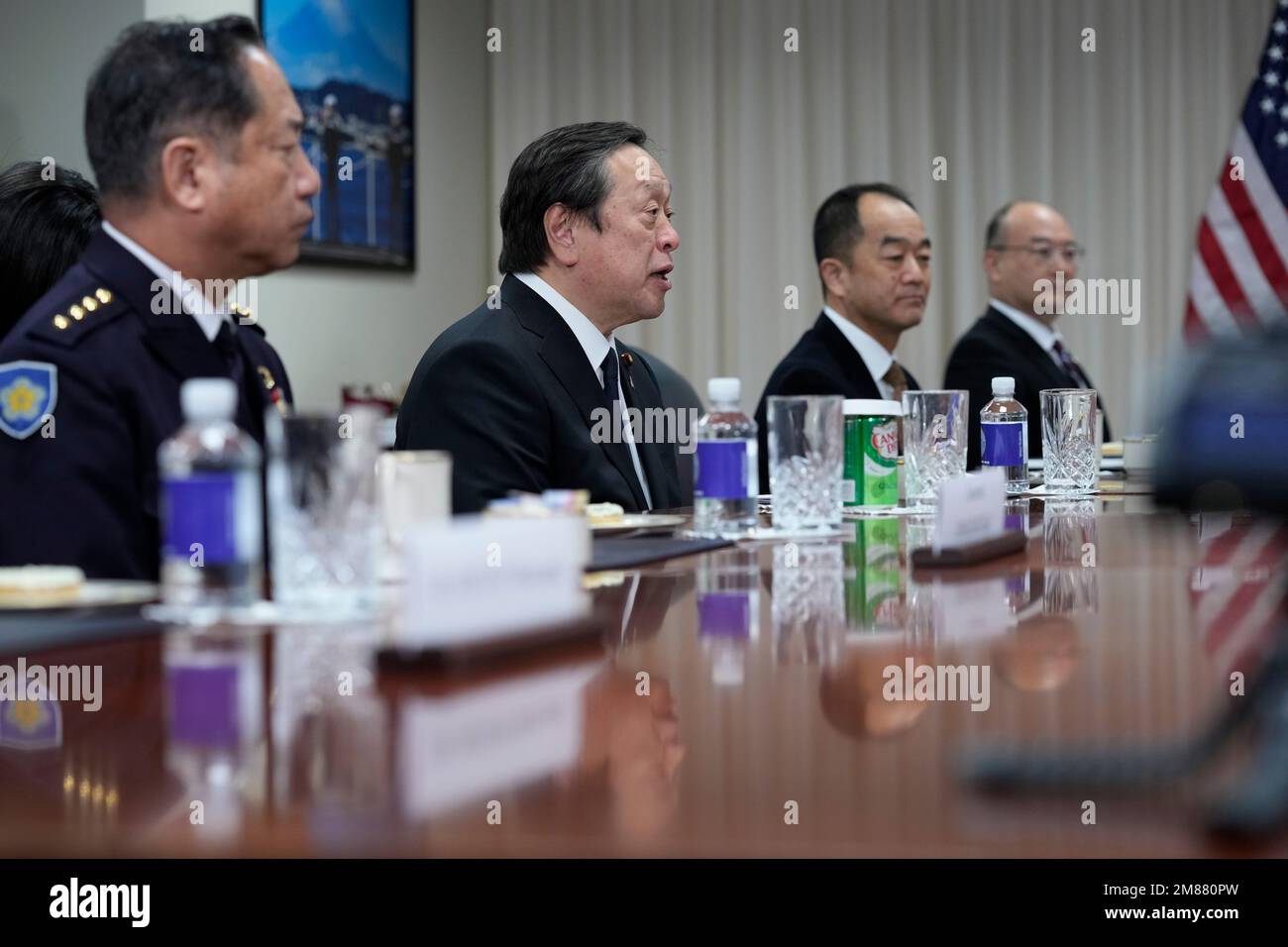 Japanese Defense Minister Yasukazu Hamada, second from left, speaks ...