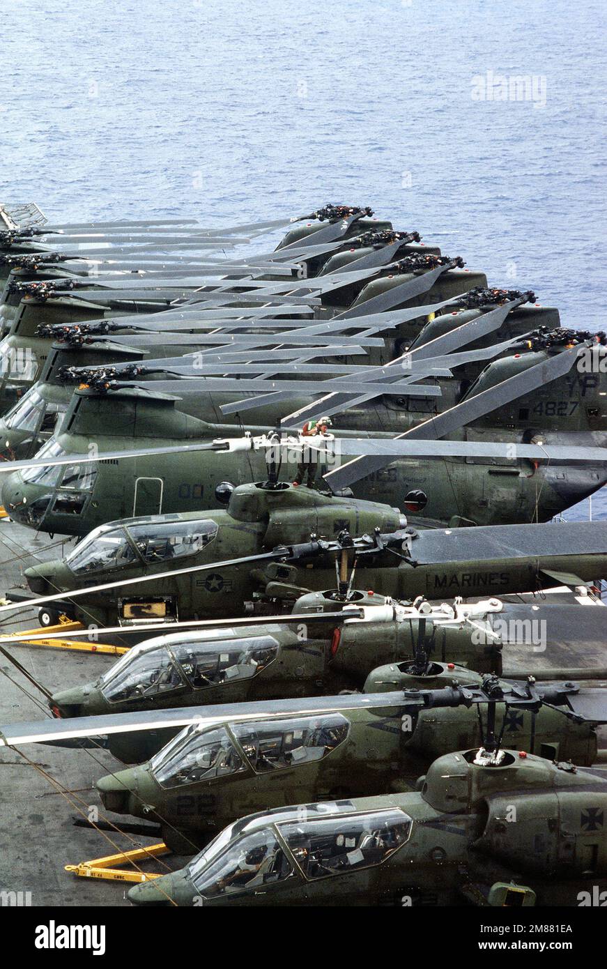 CH-46E Sea Knight and AH-1 Sea Cobra helicopters cover the forward part ...