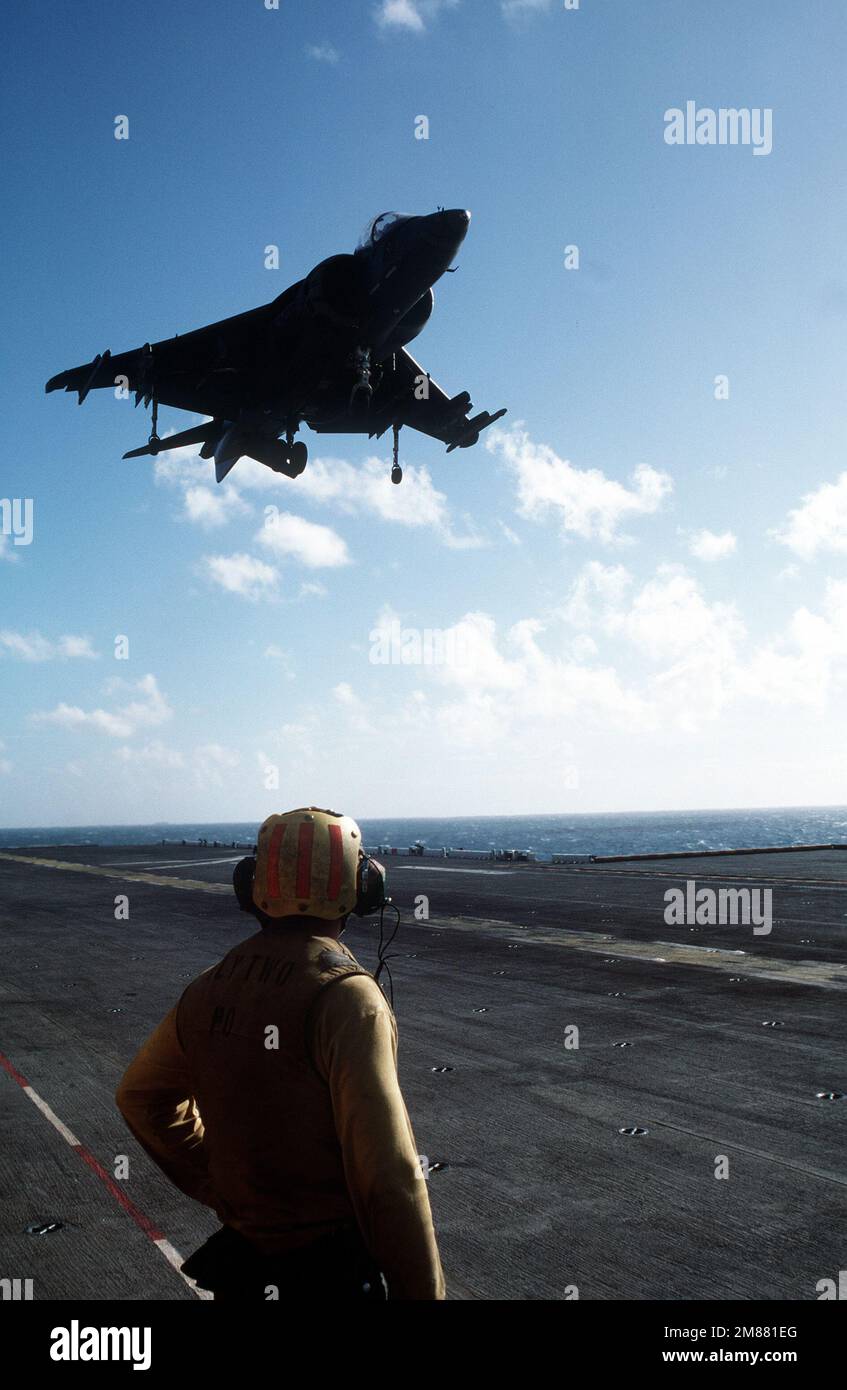 A plane director stands by as a Marine Corps AV-8B Harrier II aircraft ...