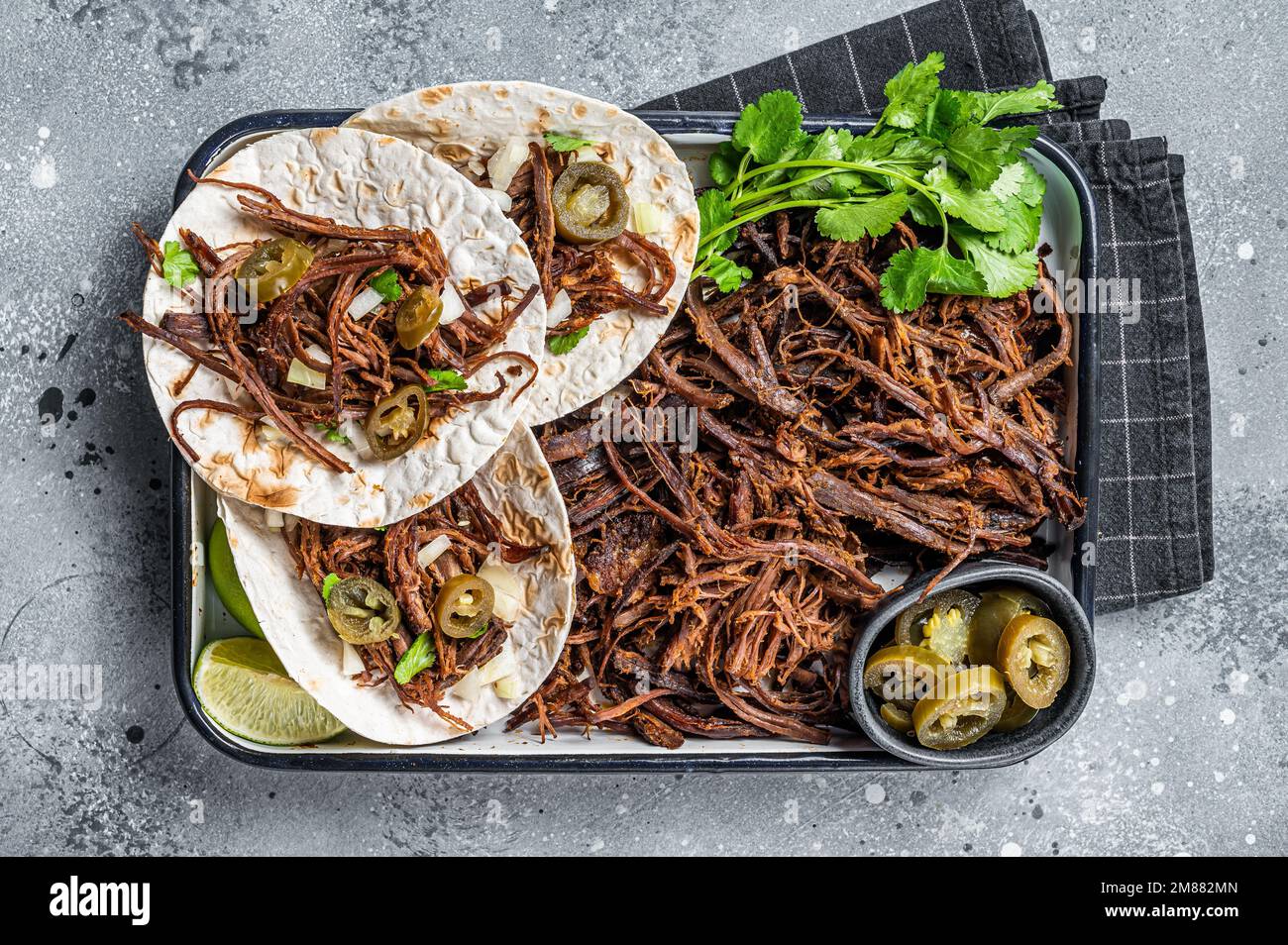 Cooking of Mexican lamb Barbacoa Tacos with Cilantro and Onion. Gray ...