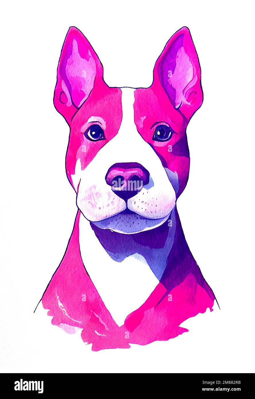 Funny adorable portrait headshot of cute doggy. Miniature Bull Terrier ...
