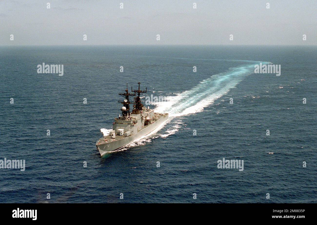 An aerial port bow view of the destroyer USS COMTE DE GRASSE (DD-974 ...
