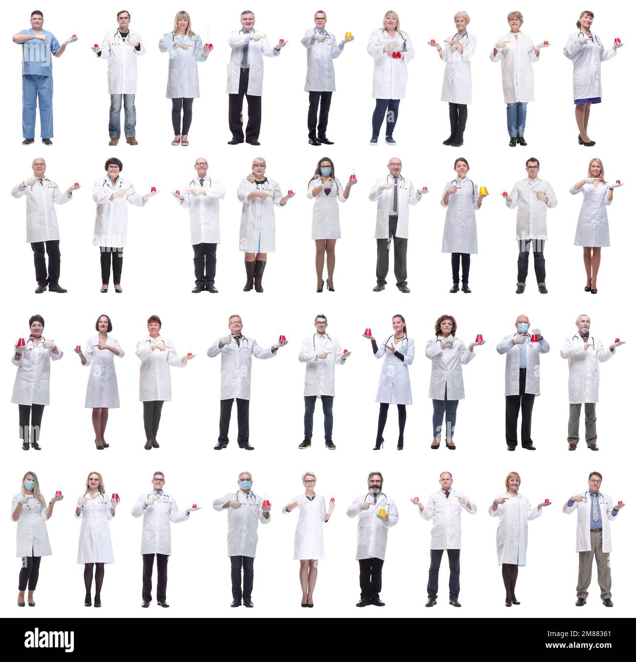laboratory assistant holding a flask with liquid isolated on white ...