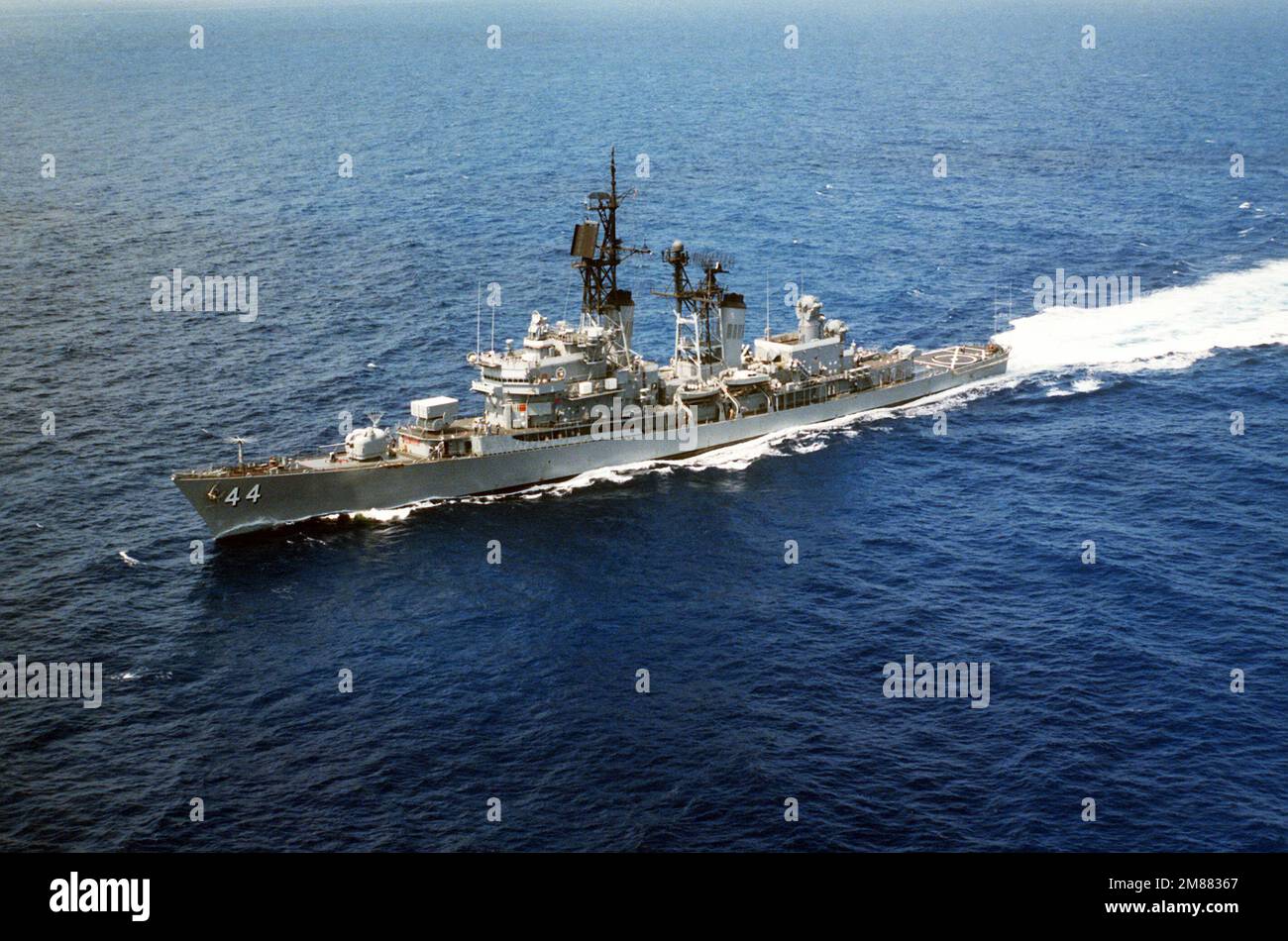 An aerial port bow view of the guided missile destroyer USS WILLIAM V ...