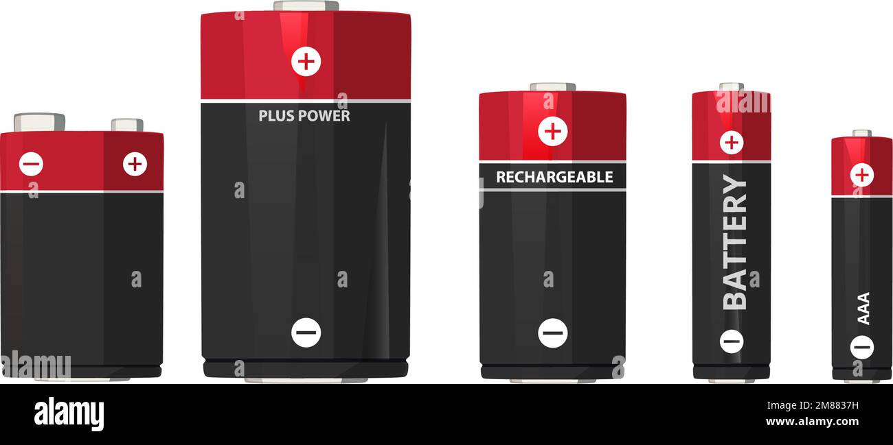 Batteries set. Different size cartoon energy accumulators isolated on ...