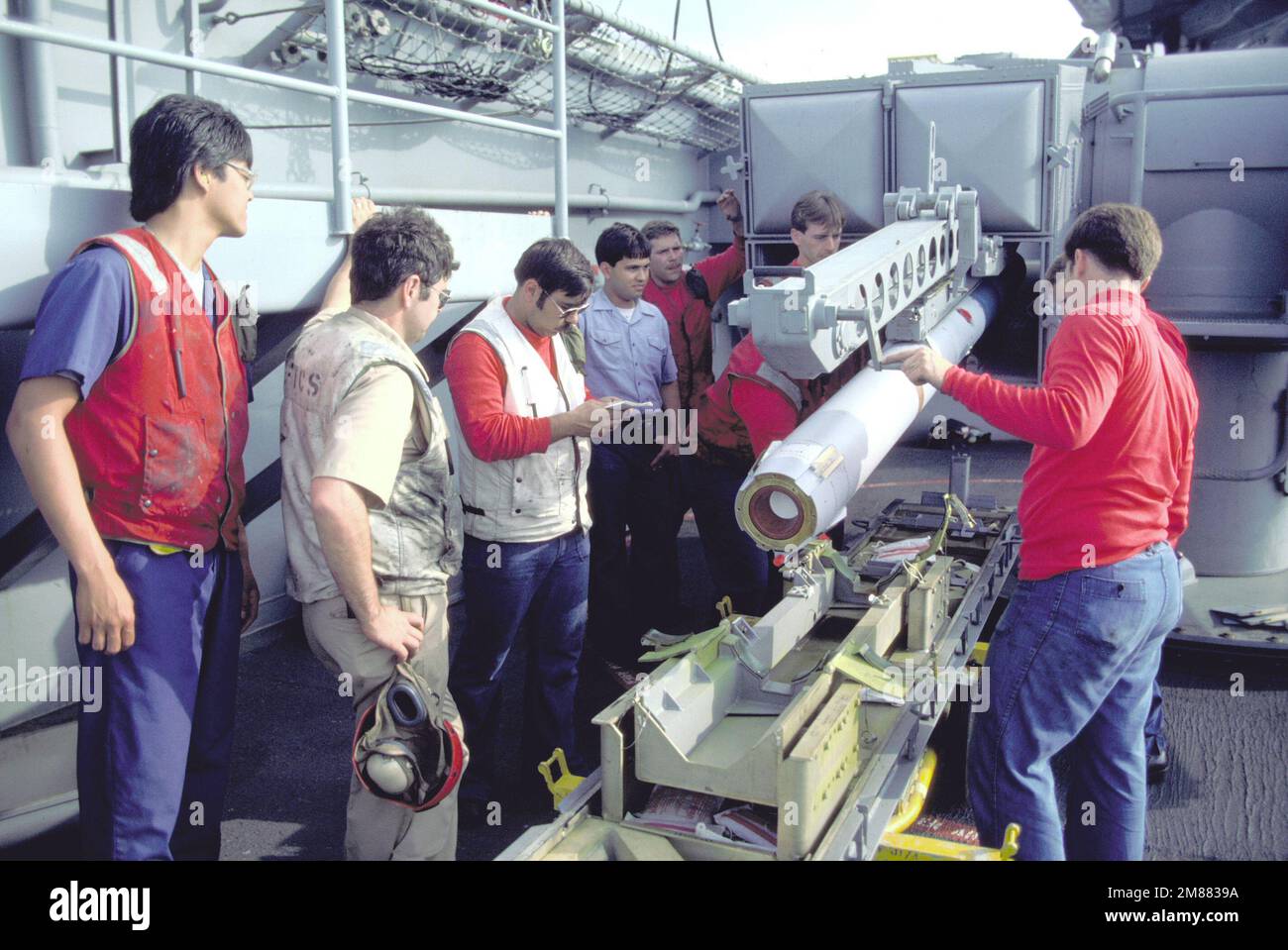 Ordnancemen load an RIM-7 Sea Sparrow missile into a Mark 29 Sea ...