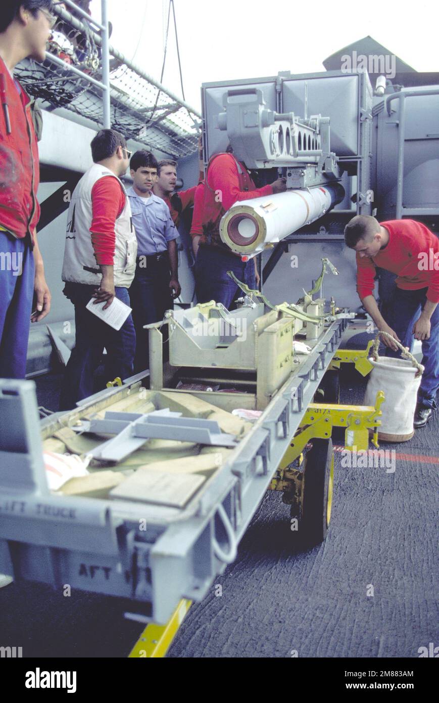 Ordnancemen load an RIM-7 Sea Sparrow missile into a Mark 29 Sea ...