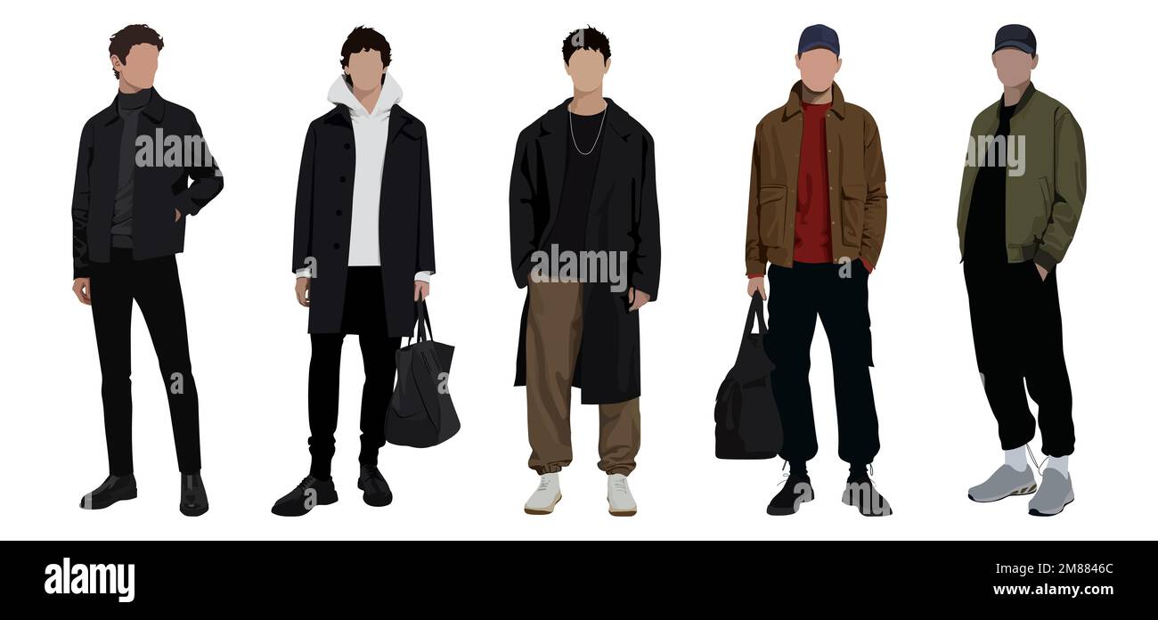Group fashion men in modern trendy outfits. Young people wearing ...