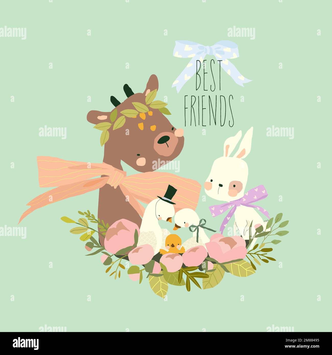 Cartoon Illustration with Cute Deer, Rabbit and Birds Stock Vector ...