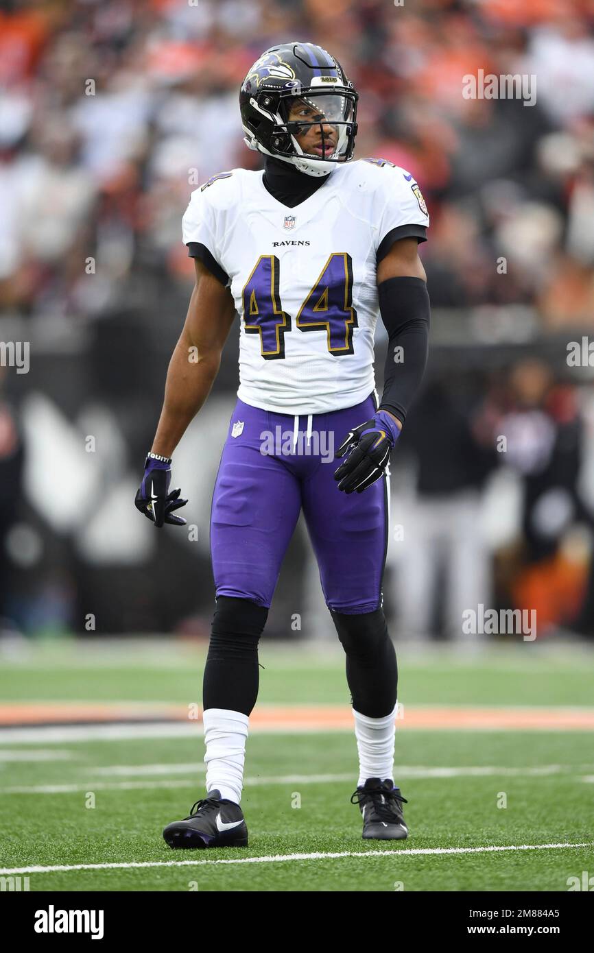 Baltimore Ravens cornerback Marlon Humphrey (44) looks on during an NFL ...