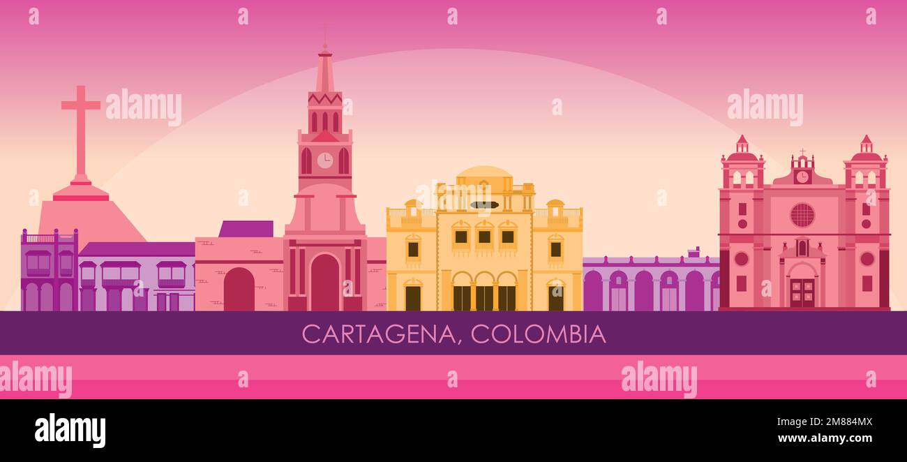 Sunset Skyline panorama of city of Cartagena, Colombia - vector ...
