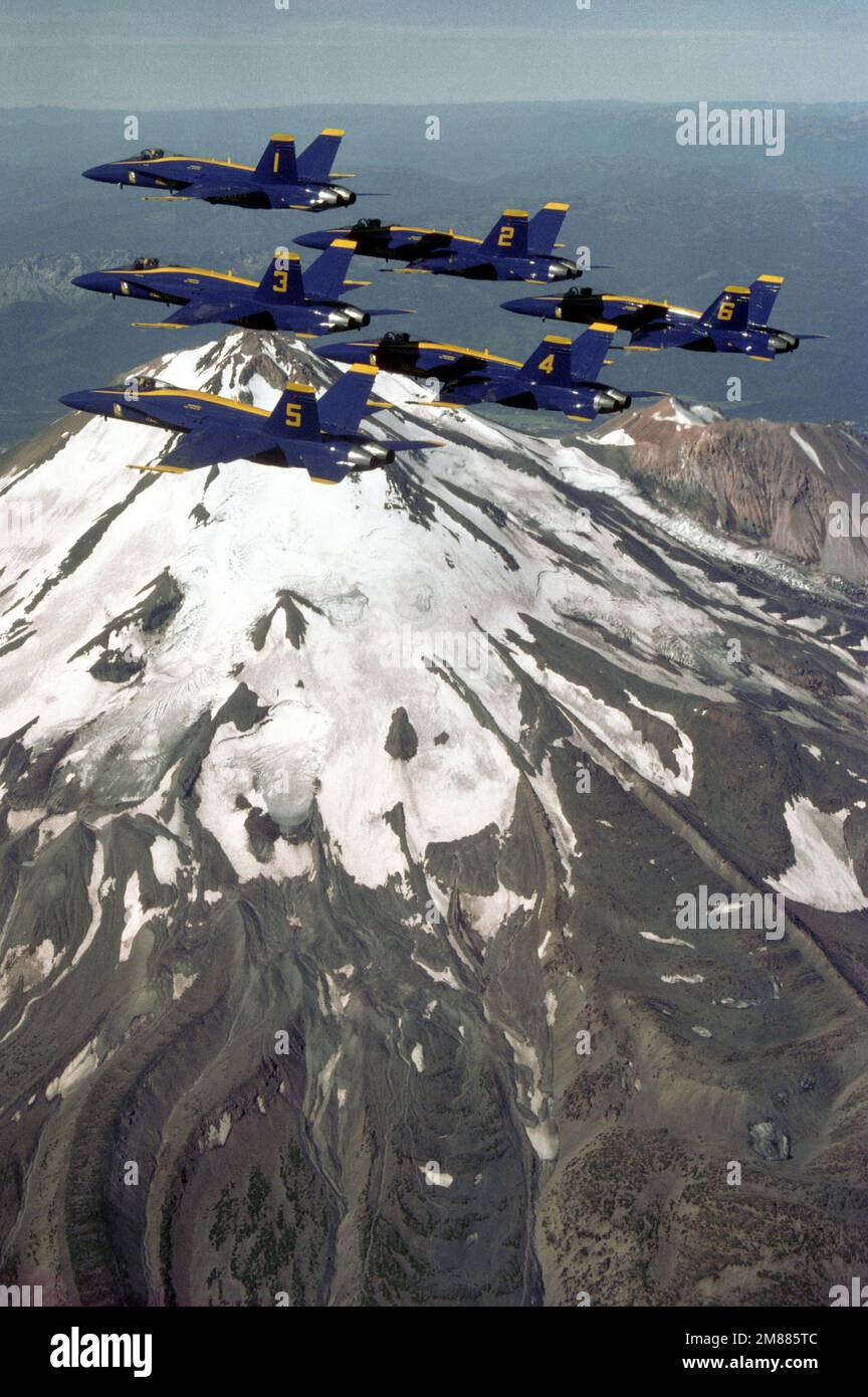 Six F/A-18A Hornet aircraft of the U.S. Navy's Blue Angels flight ...