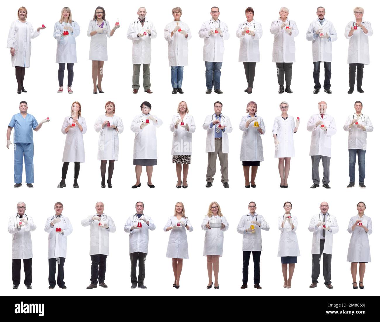 laboratory assistant holding a flask with liquid isolated on white ...