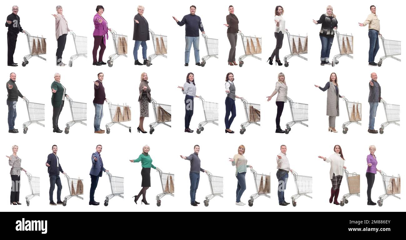 group of people with shopping cart on white background Stock Photo - Alamy