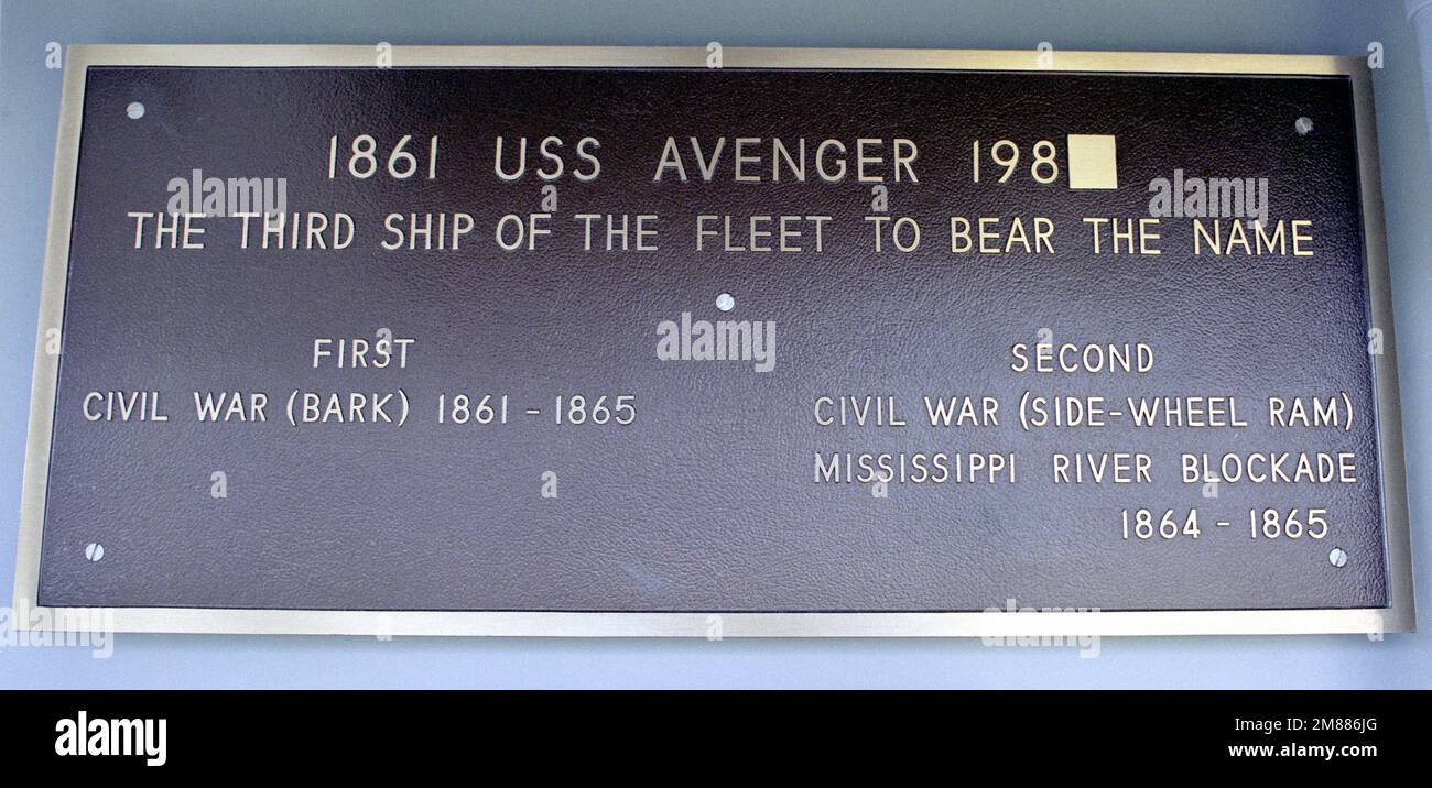 The historical plaque of the mine countermeasures ship AVENGER (MCM-1 ...