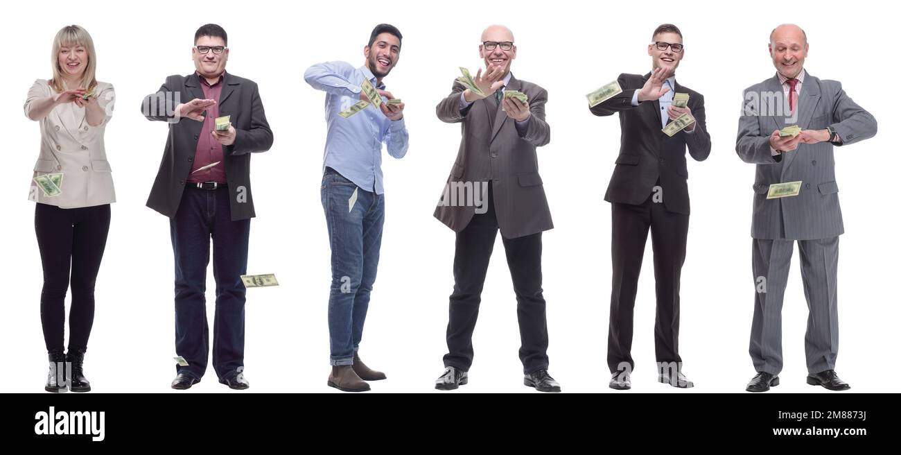 group of successful people holding money in hand isolated on white ...