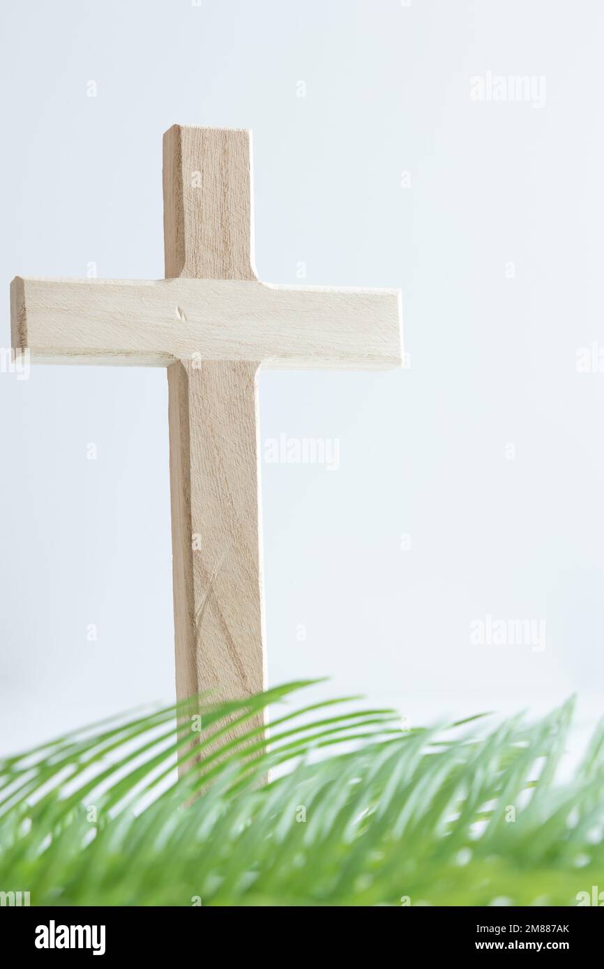 Simple wood Christian cross with palm frond leaves on a white ...