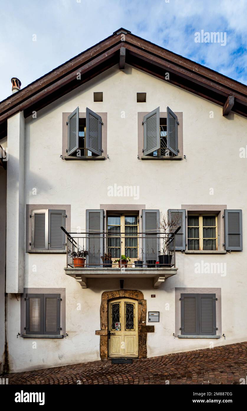 Old medieval city Sion in Switzerland, street view, winter, Euriope ...