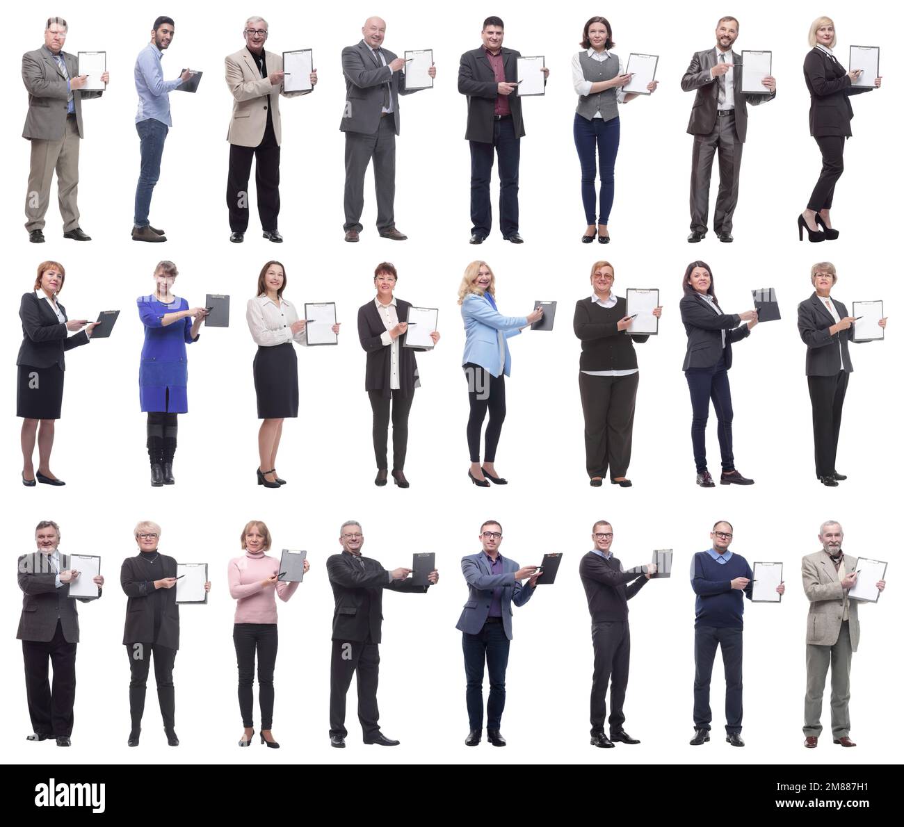 group of successful people with notepad in hands isolated on white ...