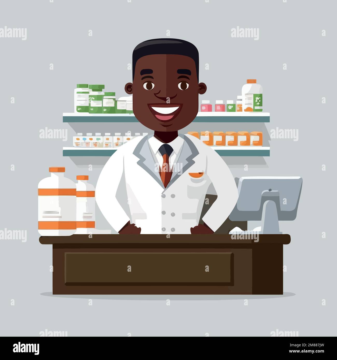 Vector illustration of an adult black man working a pharmacist, with ...
