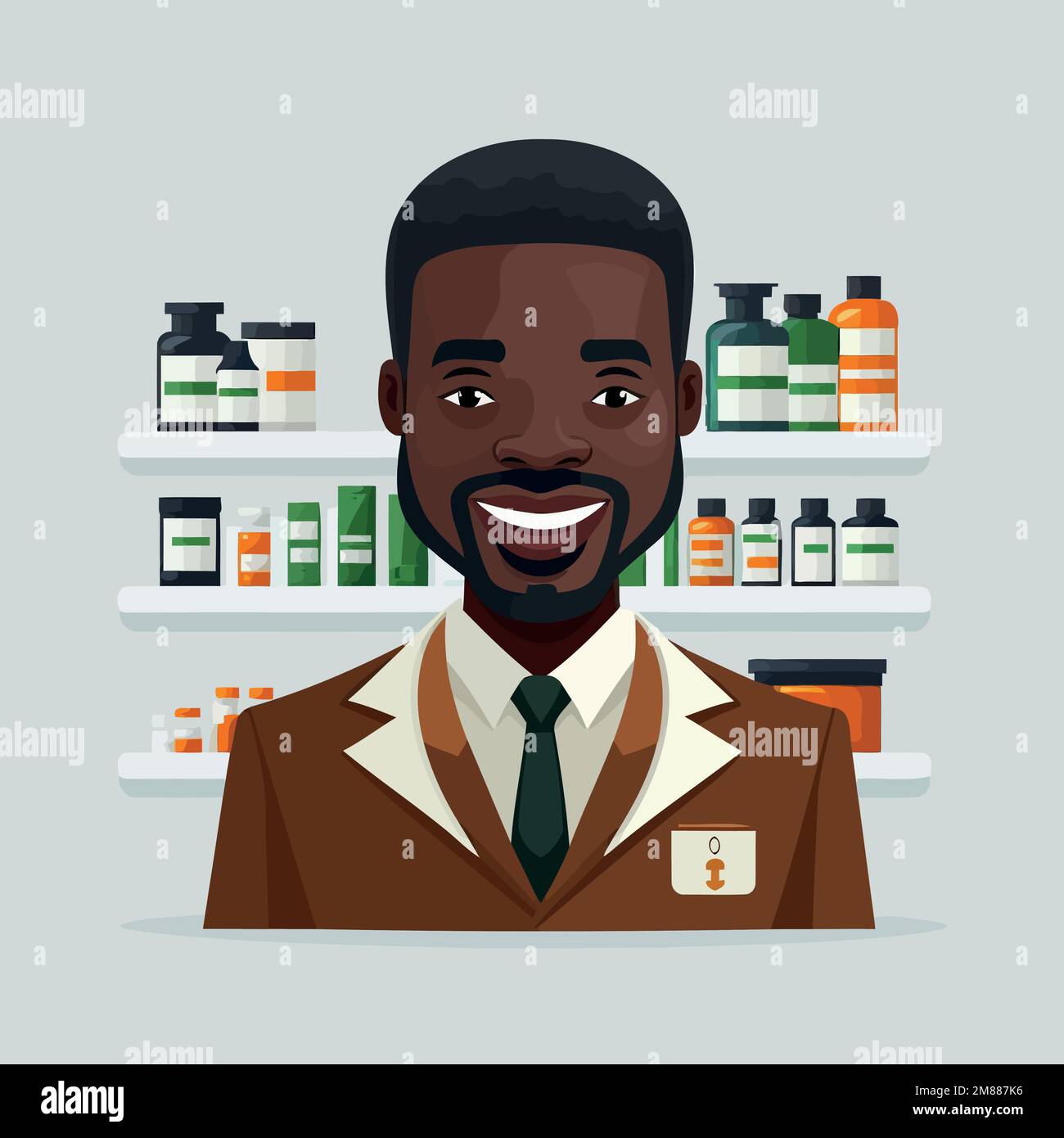Vector illustration of an adult black man working a pharmacist, with ...