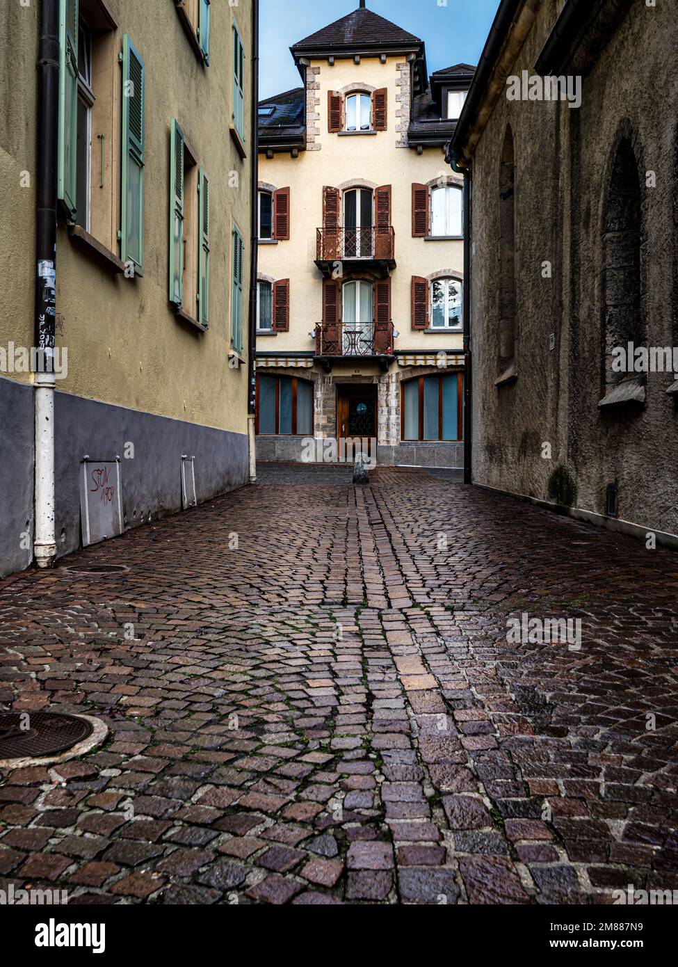 Old medieval city Sion in Switzerland, street view, winter, Euriope ...