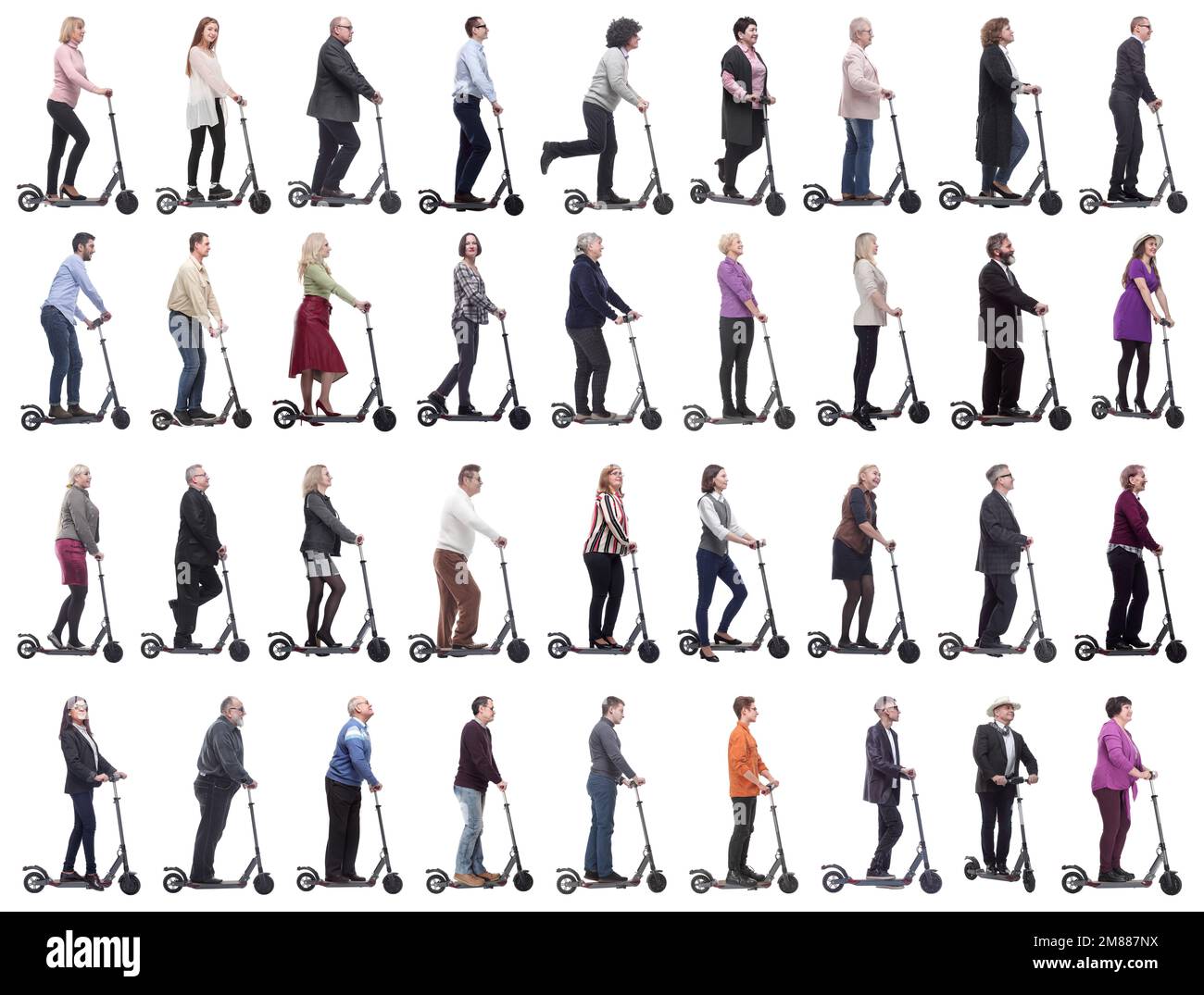 group of successful people on scooter isolated on white background ...