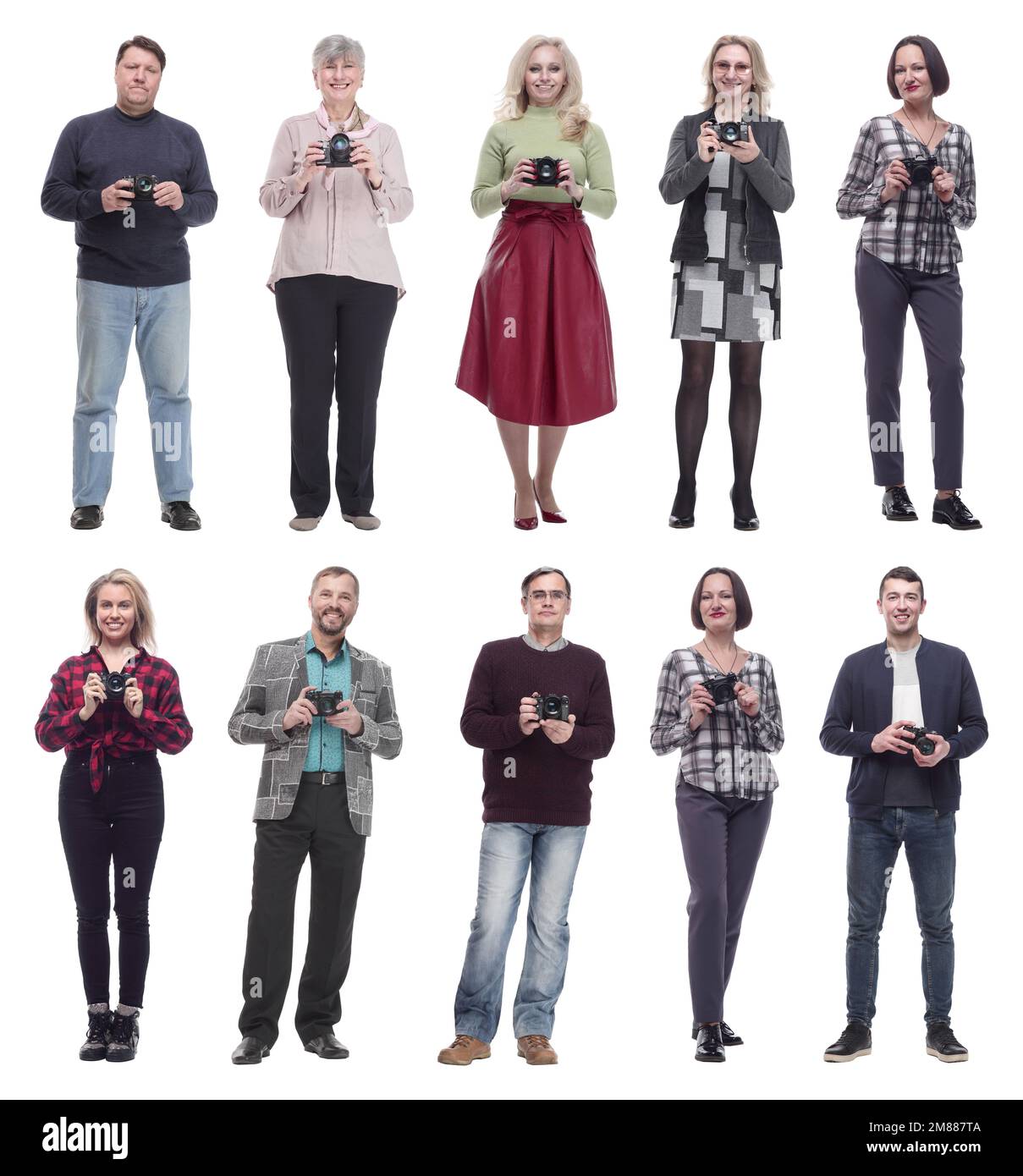 collage of professional photographers in full length isolated on white ...