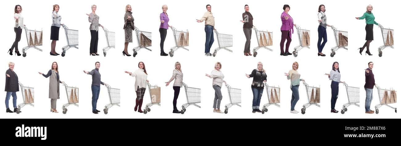 group of people with shopping cart on white background Stock Photo - Alamy