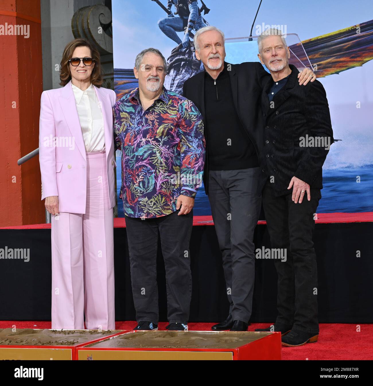 Los Angeles, USA. 12th Jan, 2023. Sigourney Weaver, Jon Landau, James Cameron & Stephen Lang at ...