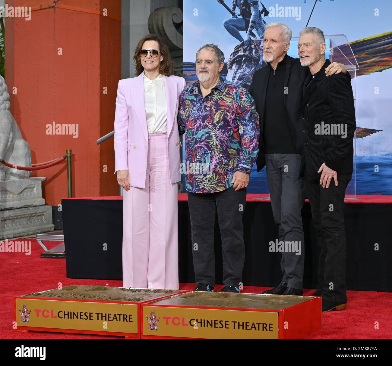 Los Angeles, USA. 12th Jan, 2023. Sigourney Weaver, Jon Landau, James Cameron & Stephen Lang at ...
