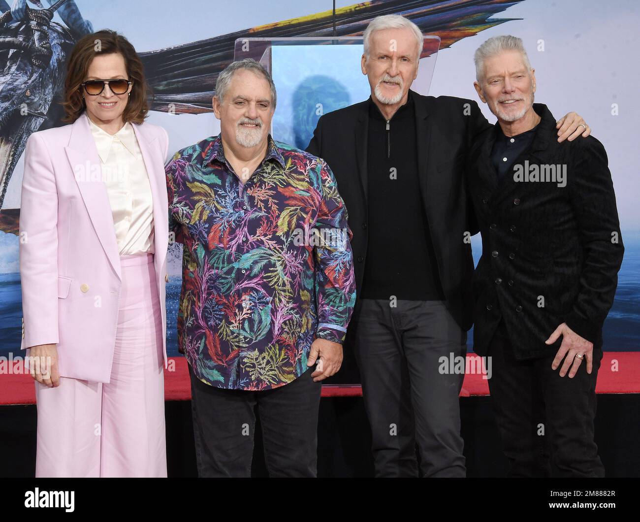 Los Angeles, USA. 12th Jan, 2023. (L-R) Sigourney Weaver, Jon Landau, James Cameron and Stephen ...