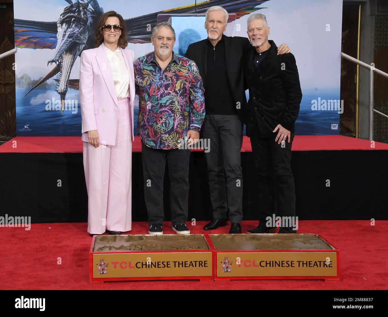 Los Angeles, USA. 12th Jan, 2023. (L-R) Sigourney Weaver, Jon Landau, James Cameron and Stephen ...