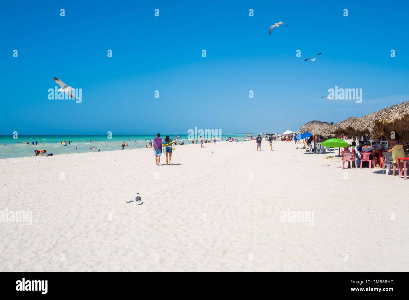 Tourists and locals at the beautiful beach of Sisal in Yucatan, Mexico ...